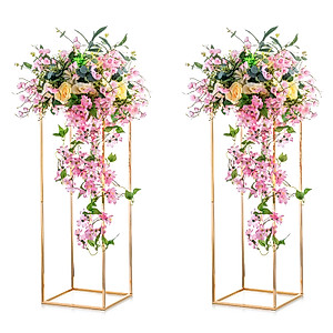 Nuptio 2 Pcs Metal Flower Floor Vase Column Flower Stand Geometric Centerpieces Vase for Tables, 80cm/31.5in Tall Gold Flower Holder for Home Party Wedding Decorations, Rectangular Flower Display Rack