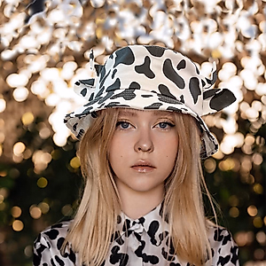 Cow Print Bucket Hat with Ears Horn Cute Animal Hats Cow Earrings for Women Black White
