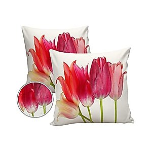 Outdoor Waterproof Throw Pillow Covers Set of 2, Elegant Tulip Flower Outdoor Pillow Covers Decorative Cushion Covers for Patio Funiture Garden, 18 x 18 Inches, Floral Pink Red