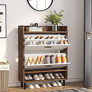 Shoe Storage Freestanding Cabinet with 2 Drawers and Open Shelves for Entryway 2-Tier Brown Wood Oak Finish Adjustable Shelving