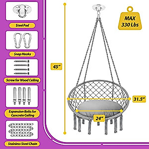 Patio Watcher Hammock Chair Hanging Macrame Swing with Cushion and Hardware Kits, Max 330 Lbs, Handmade Knitted Mesh Rope Swing Chair for Indoor, Outdoor, Bedroom, Patio, Yard, Deck, Garden, Gray