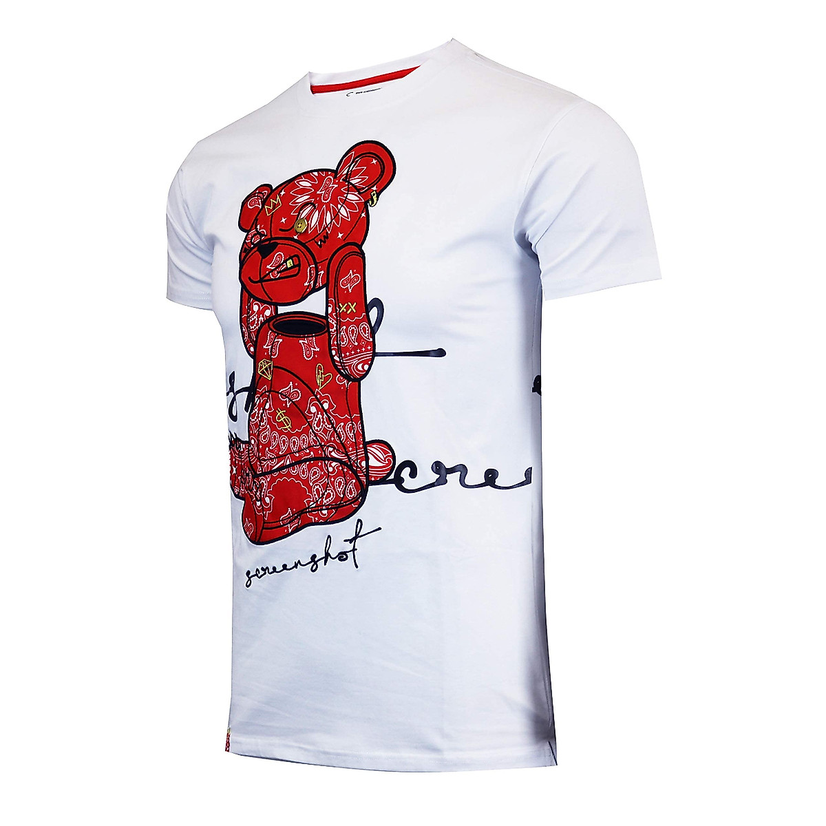 SCREENSHOT-S11122 Mens Hip-Hop Ultra Premium Quality Tee - Head Lifting Paisley Bandana Embroidery Cartoon Teddy Bear Print T-Shirt-White/Red-2XLarge