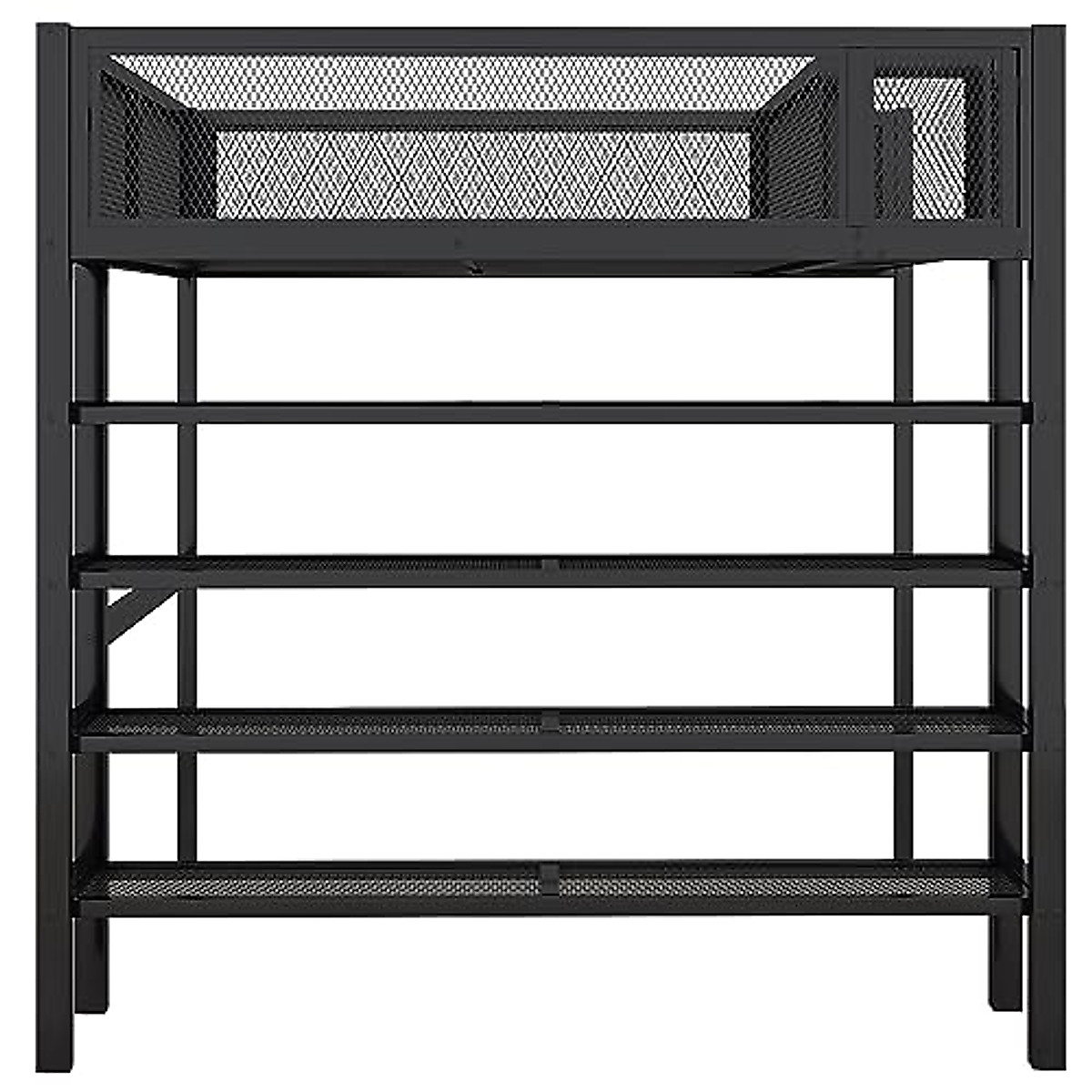 Loft Bed Multifunctionl Bed, Metal Full Size Loft Bed Frame with 4-Tier Open Shelves, Guardrail Side Storage Shelf and Mesh Guardrails, Kids Adults Bedroom Furniture High Loft Storage Bed (Black Bed)