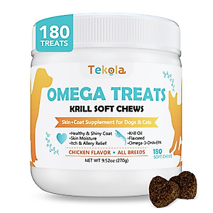 180 Chews Omega 3 for Dogs & Cats - with Krill - Skin and Coat Supplement - Dry & Itchy Skin Relief - Allergy Relief - Shiny Coats - No Shedding - EPA & DHA, Vitamins and Minerals - Chicken Flavor