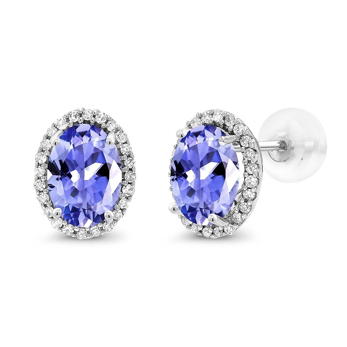 Gem Stone King 10K White Gold 7X5MM Oval Gemstone Birthstone and White Diamond Halo Earrings | White Gold Earrings for Women