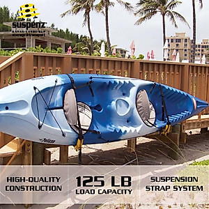Suspenz Deluxe Kayak Canoe SUP Storage Rack, Adjustable Wall Hangers/Hooks, Indoor & Outdoor Use, Safety Straps, Stores Boats Up to 125 lbs (11-0111)