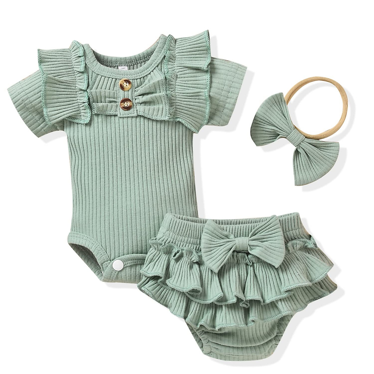 Aalizzwell Preemie Baby Girls Clothes Short Sleeve Bloomer Shorts Ribbed Summer Outfit Olive Green Premature