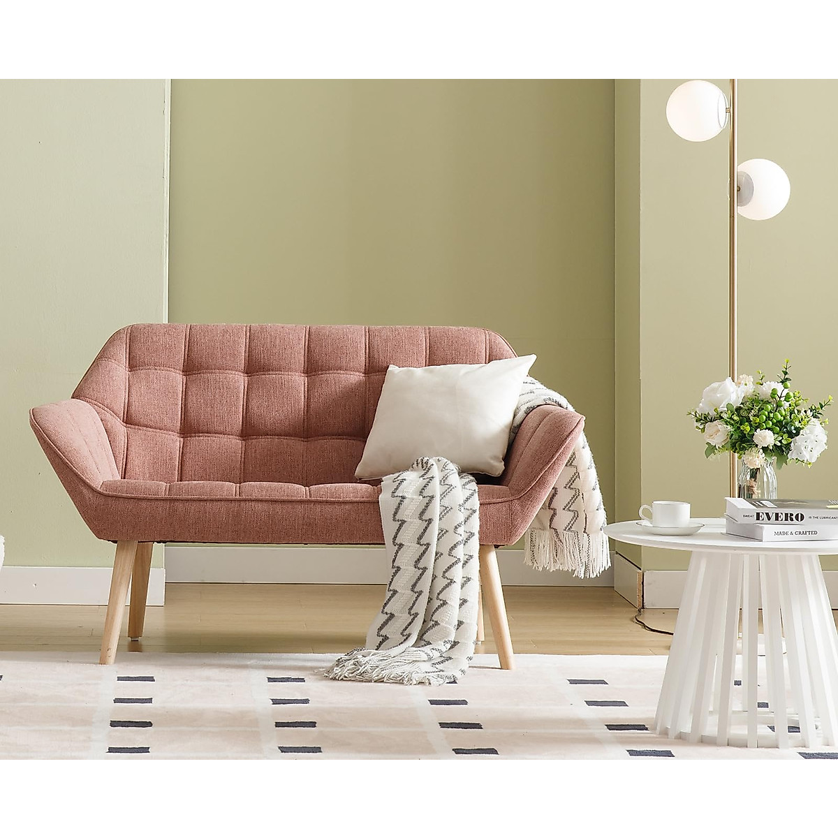 ZSARTS 48 inch Small Loveseat for Small Spaces, Upholstered High Wingback Chair Modern Linen Mini Sofa Couch 2-Seat Armchair with Wood Legs for Bedroom Living Room, Pink