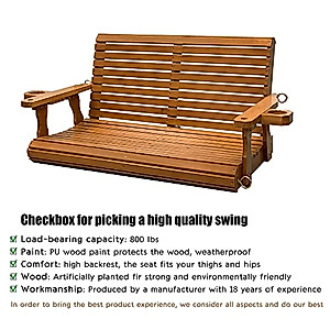 Wooden Porch Swing 2-Seater, Bench Swing with Cupholders, Hanging Chains and 7mm Springs, Heavy Duty 800 LBS, for Outdoor Patio Garden (Brown, 4 FT Extra Large)