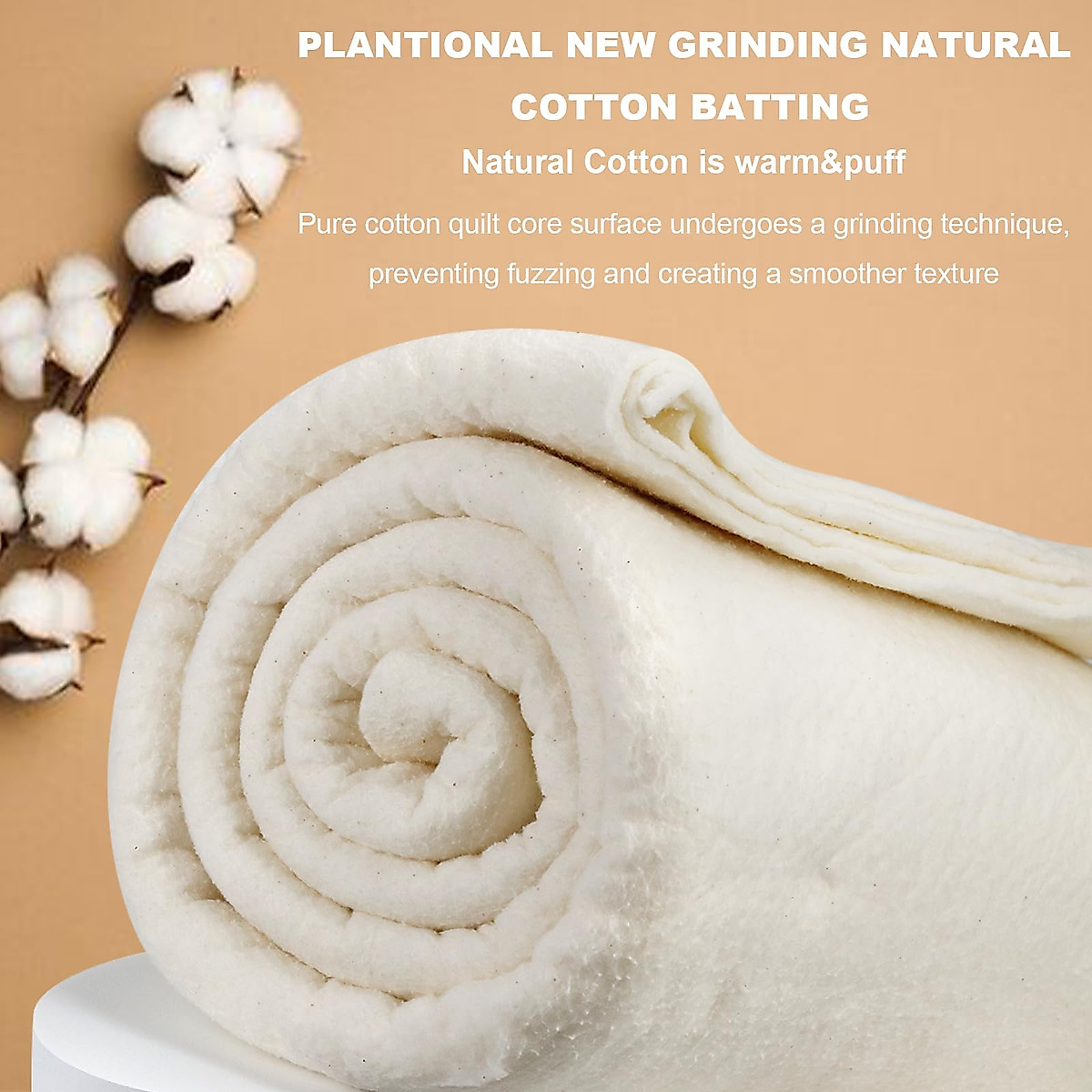 PLANTIONAL Grinding Natural Cotton Quilt Batting: 47-Inch x 59-Inch Light Weight Purely Natural All Season Quilt Batting for Quilts, Craft and Wearable Arts