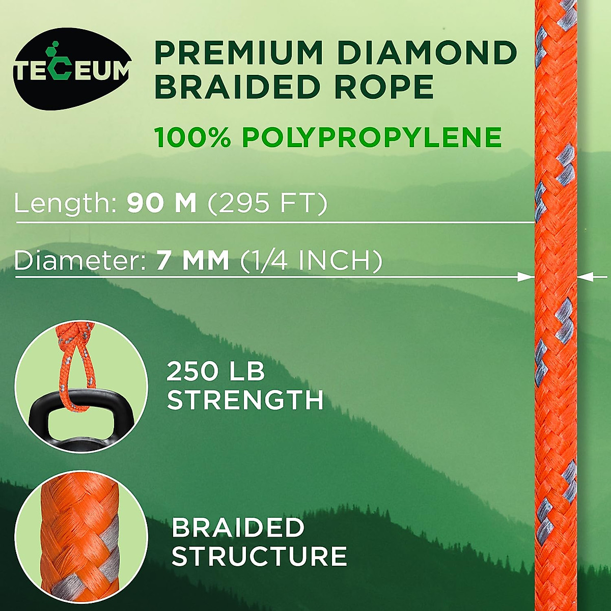TECEUM Rope – 90 Feet x 1/4 Inch (7mm) – Orange Gray – Strong All-Purpose Utility Rope – Camping, Crafting, Flag Pole, Indoor & Outdoor – Polypropylene Nylon Poly Lightweight Diamond Braided Cord