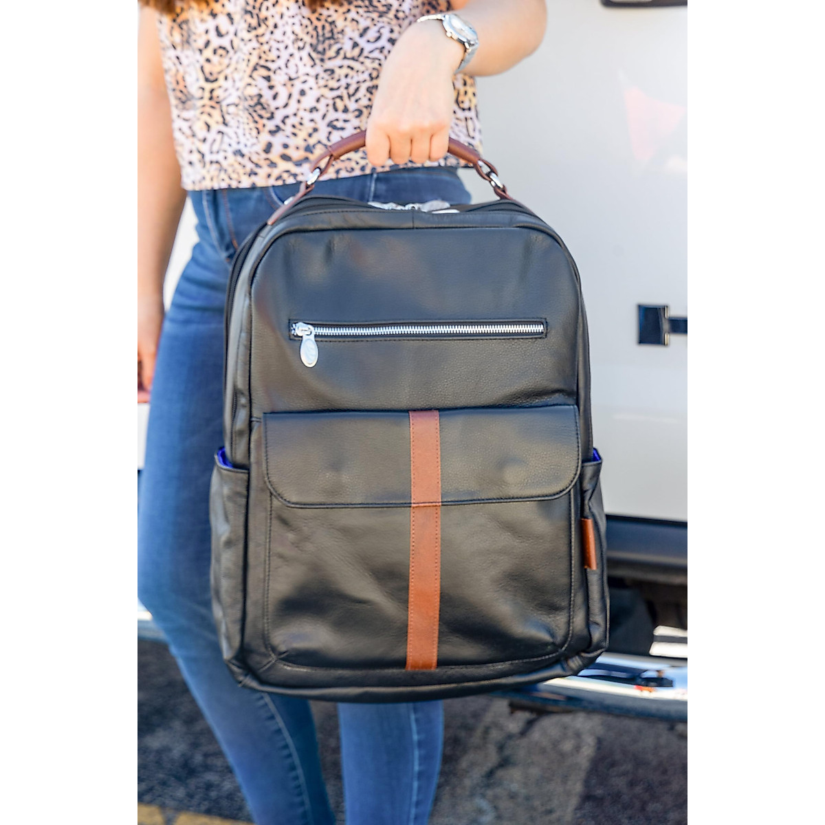 McKleinUSA Logan Pebble Grain Calfskin Leather 17" Leather Two-Tone Dual-Compartment Laptop & Tablet Backpack Black (19082)