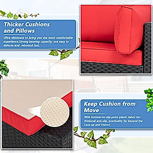 Shintenchi 5 Pieces Outdoor Patio Sectional Sofa Couch, Black PE Wicker Furniture Sets, Patio Conversation Sets with Washable Cushions Glass Coffee Table for Garden, Poolside, Backyard,Red