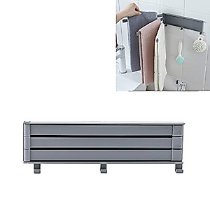 Kitchen Bathroom Towel Rack Three Bars Rotary Folding Arm Rotary Coat Hanger Washable Towel Bar with Attached Kitchen Rag Rack (Gray)