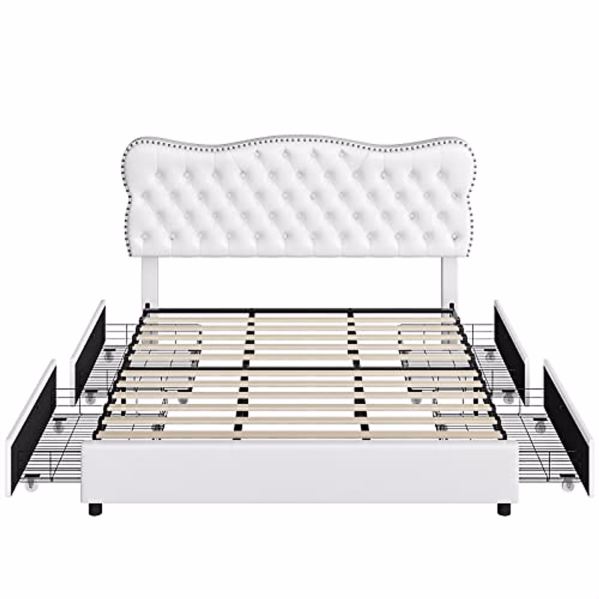 HOSTACK King Bed Frame with 4 Storage Drawers, Upholstered Platform Bed Frame with Button Tufted Headboard, Heavy Duty Mattress Foundation with Wooden Slats, No Box Spring Needed (White, King)