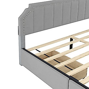 OPTOUGH Upholstered King Size Platform Bed Frame with 4 Storage Drawers and Headboard, Wooden Slats Support, No Box Spring Needed, Grey
