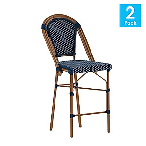 EMMA + OLIVER Soie Bistro Counter Stool - Stacking Indoor/Outdoor PE Rattan Counter Stool with Bamboo Finish Frame - 26" High - Set of Two - Navy/White