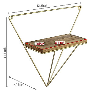 MyGift Wall Mounted Burnt Wood Floating Shelf with Brass Metal Rectangular Frame, Decorative Hanging Display Wall Decor