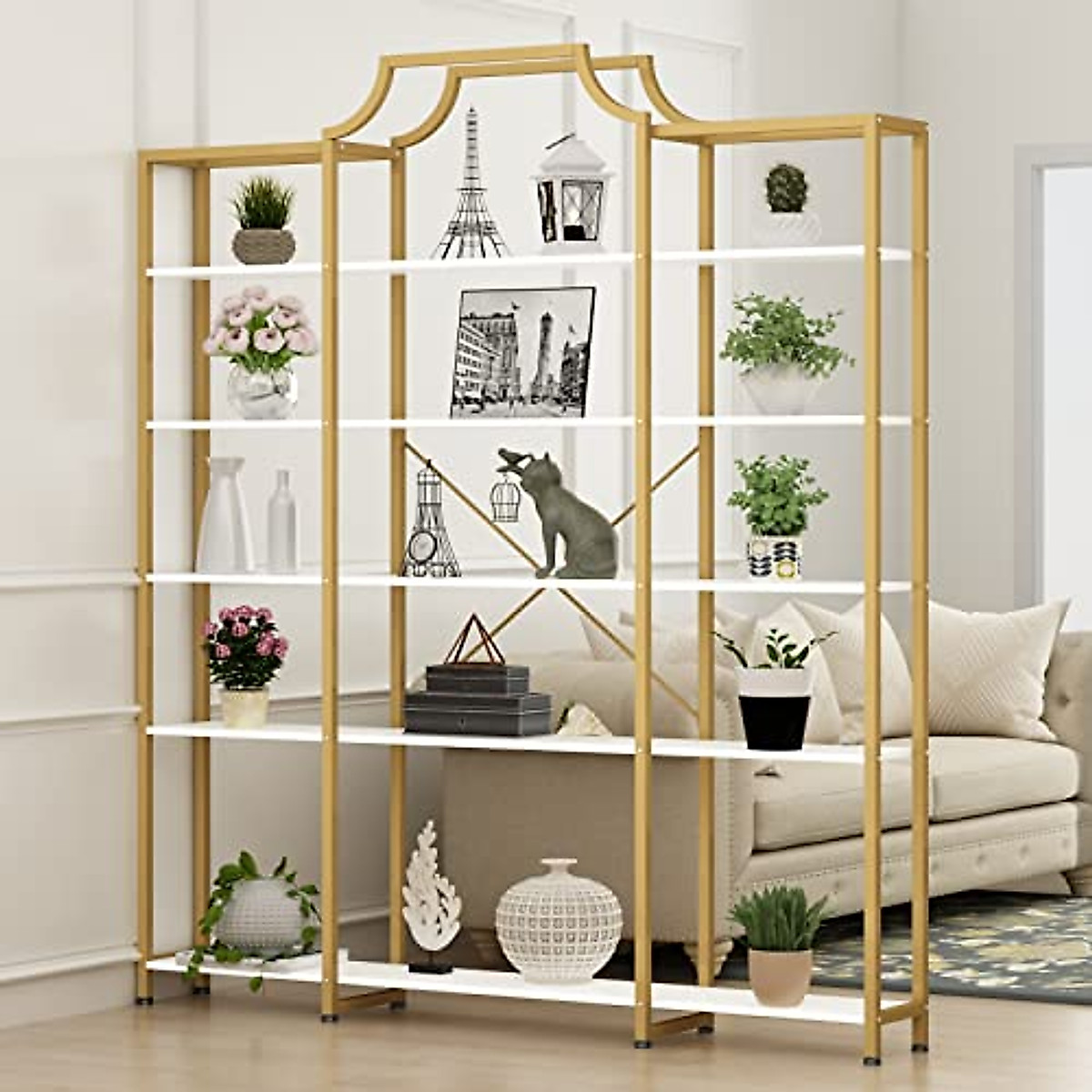 Auromie Triple Wide 5-Tier Bookshelf, 70.87" L x 79.13" H Extra Large Gold Bookcase, Tall Display Shelf with Metal Frame, Freestanding Etagere Storage Display Shelf for Home Office, White Gold
