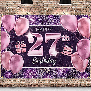 PAKBOOM Happy 27th Birthday Banner Backdrop - 27 Birthday Party Decorations Supplies for Women Her - Pink Purple Gold 4 x 6ft