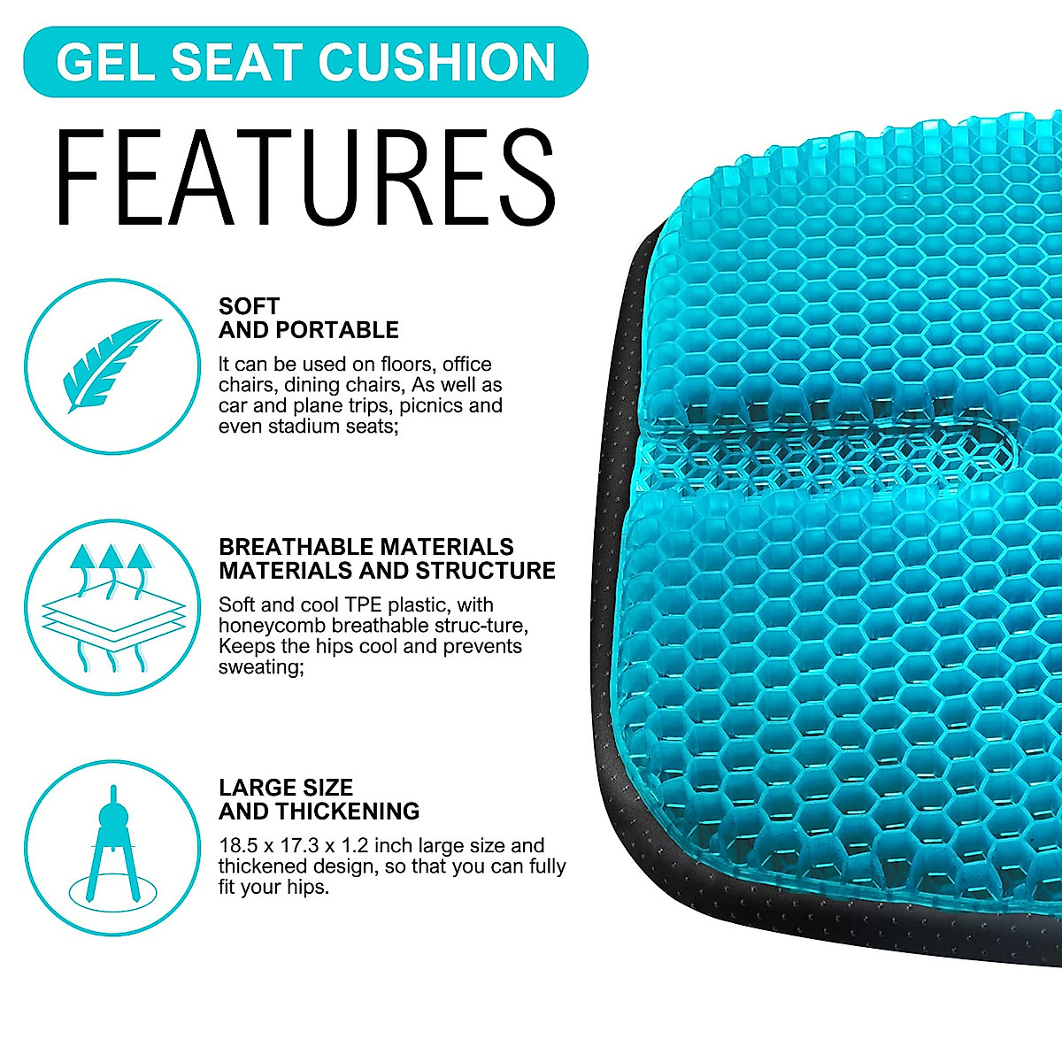Gel Seat Cushion for Office Chair, Office Chair Cushion for Butt, Enhanced Double Honeycomb Seat Cushion, Help in Relieving Back Pain & Sciatica Pain, Non-Slip Cushion for The Car, Office, Wheelchair