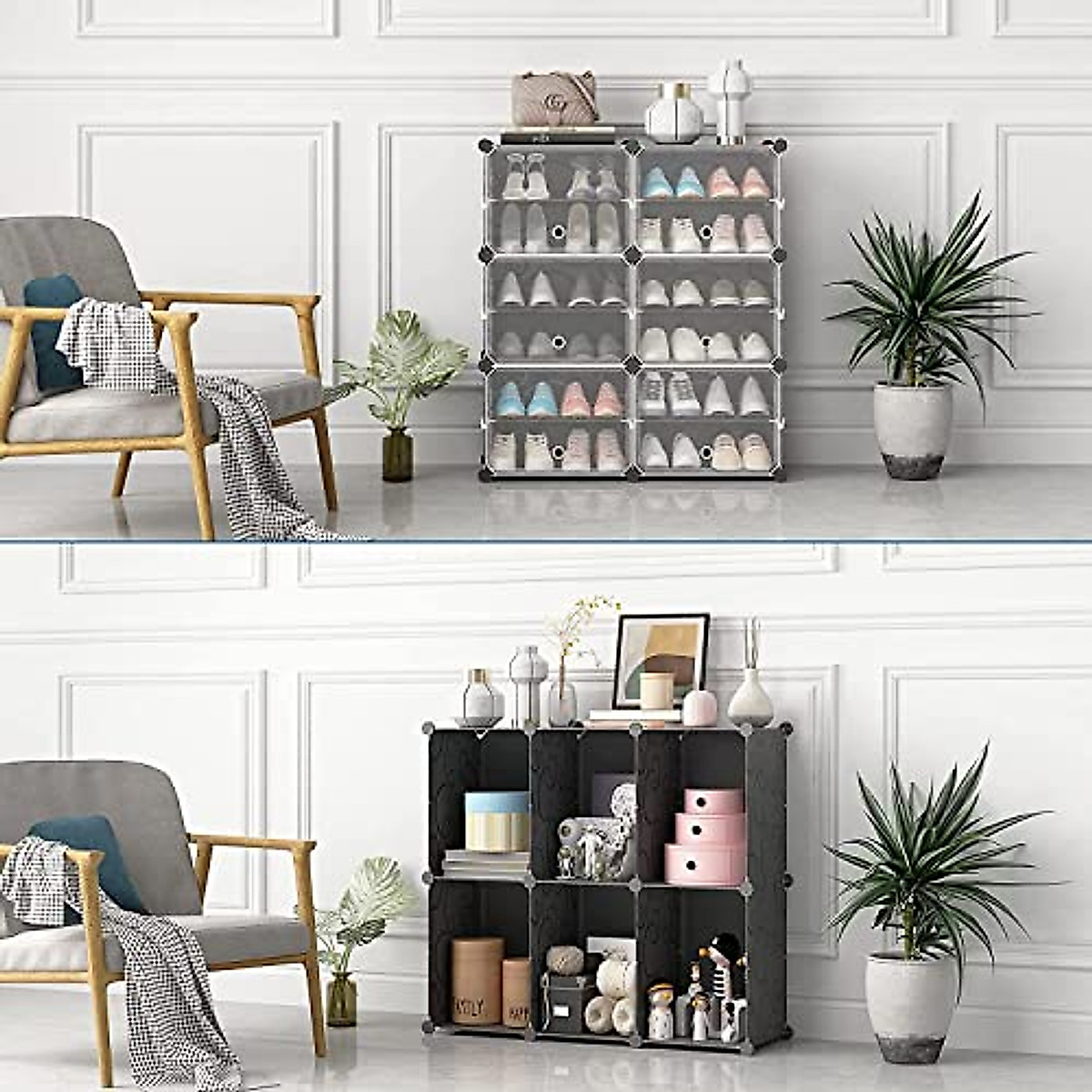 Aeitc 48-Pairs Shoe Rack Organizer Shoe Organizer Expandable Shoe Storage Cabinet Narrow Standing Stackable Space Saver Shoe Rack for Entryway, Hallway and Closet,Black, Translucent