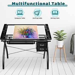 Clevich Glass Tabletop Drafting Table, Drawing Desk w/2 Drawers and Side Tray, 0-65°Angle Adjustable Versatile Art Craft Station, Craft Table w/Sturdy Metal Frame, for Artists Painters Student