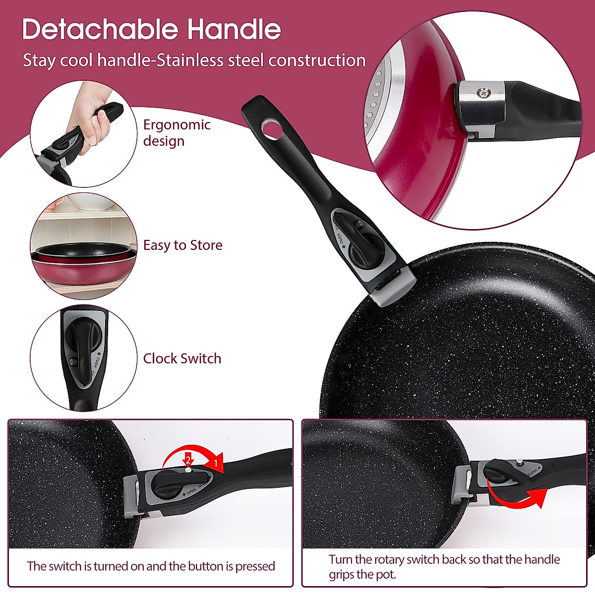 ZNM Nonstick Frying Pan Set, 10.2" & 11.6" Non Stick Frying Pans Omelette Skillet with Removable Handle, Aluminum Fry Pan Set Induction, Oven & Dishwasher Safe, Black