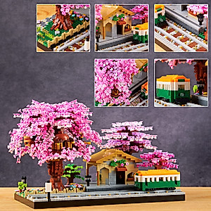 Architecture, Japanese Sakura Tree Class Train Station Cherry Blossom Tree Building Block Model Kit 3668 PCS for Adults and Kids, Classical Building Micro Blocks Set,Mini DIY Assembly Toy