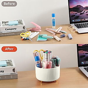 Desk Pen Holder, 5 Slot 360 Rotating Pen Organizer for Desk, Desktop Storage Stationery Supplies Organizer, Cute Pencil Cup Pot for Office, School, Home, Art Supply, Beige
