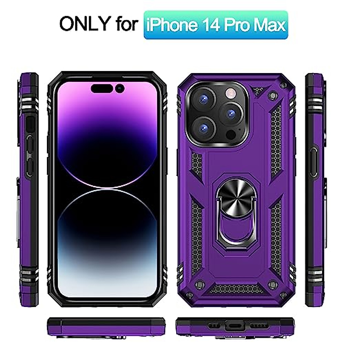 ADDIT iPhone 14 Pro Max Military Grade Case, 15ft Drop Tested, Magnetic Car Mount Ring Holder Stand - Purple