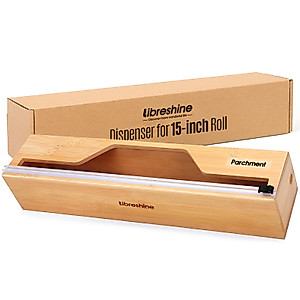 Libreshine Long Foil and Plastic Wrap Organizer with Cutter, Holder for 15 Inch Parchment Paper Roll, Bamboo Wall Mount Kitchen Wrap Dispenser
