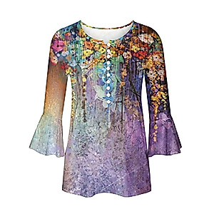 Ceboyel Tops for Women Womens Summer Tops 2023 Floral Print Button Down Tunic Shirts 3/4 Sleeve Tops Blouse Trendy Dressy Casual Ladies Clothes Purple X