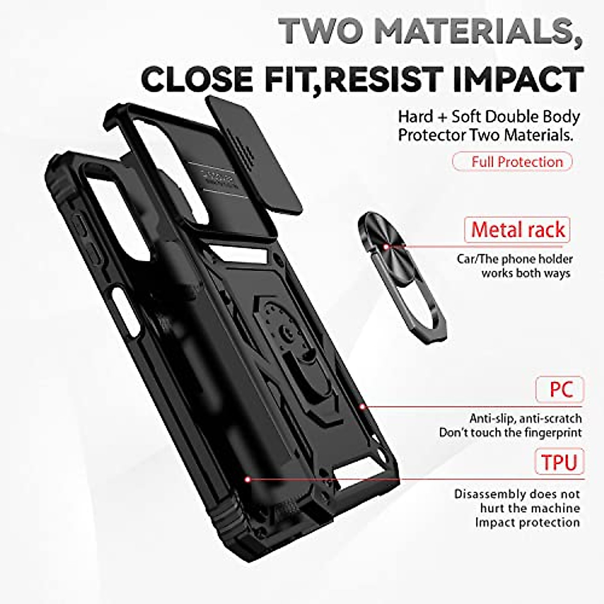 Meikobuly for Samsung Galaxy A14 5g Case - Shockproof Cases for A14 5G - Anti-Fall Drop Protection - Built-in Slide Anti-Scratch Camera Lens Cover - Integrated 360 Degree Rotating Kickstand,Black