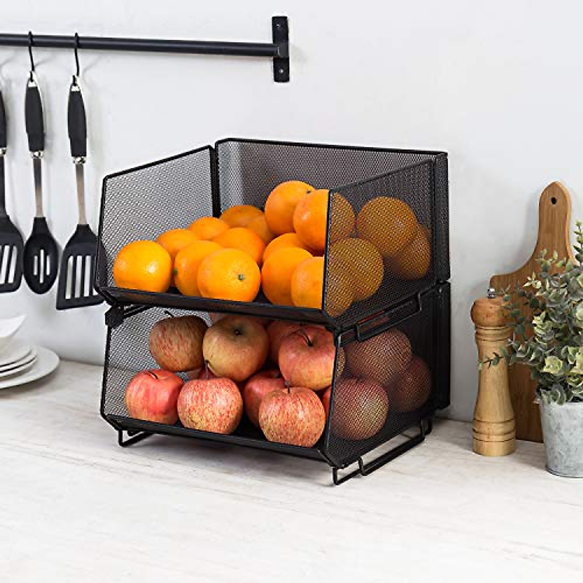 MyGift Deluxe Stackable Metal Wire Mesh Fruit & Produce Basket Rack, Kitchen Stacking Storage Bin, Set of 2