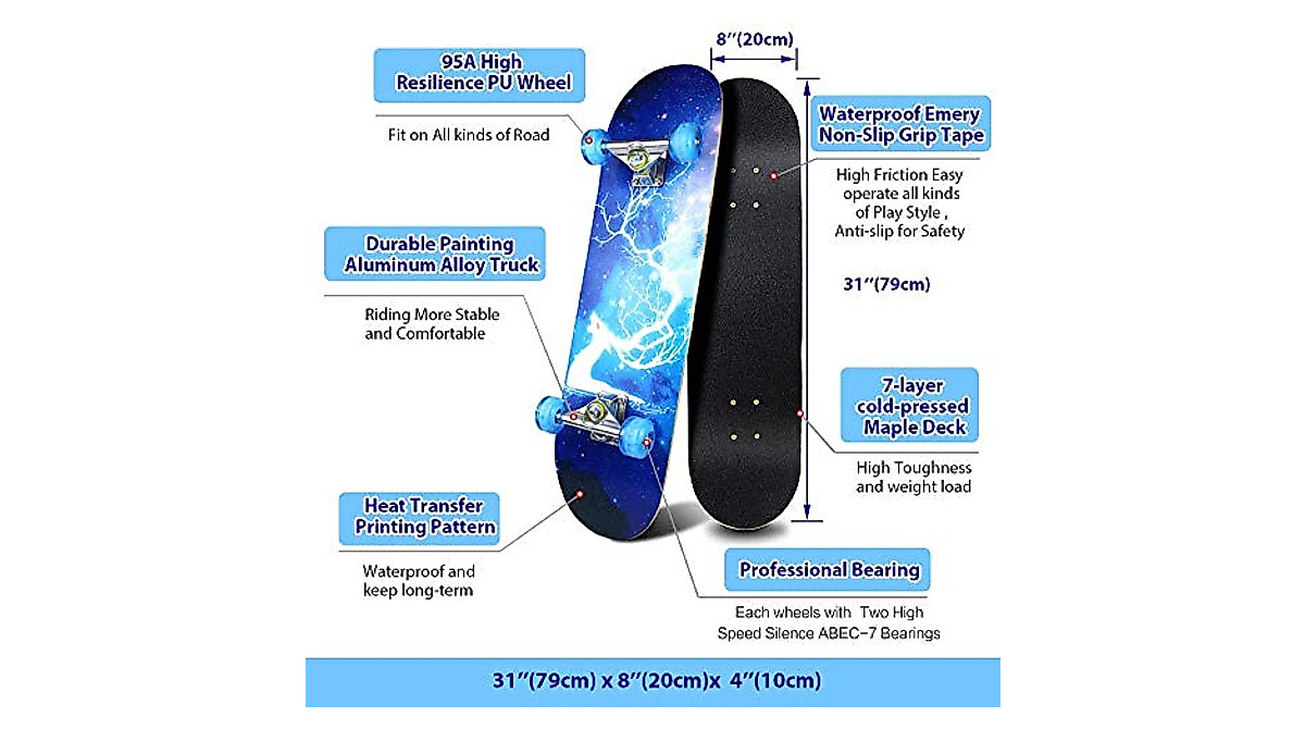 UTUT Skateboard 31''x 8'' with Flashing Wheels for Beginners & Pros