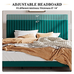 SHA CERLIN King Upholstered Platform Bed Frame with Vertical Channel Tufted Velvet Fabric Adjustable Headboard, Wooden Slats Support, Mattress Foundation, Box Spring Optional, Teal