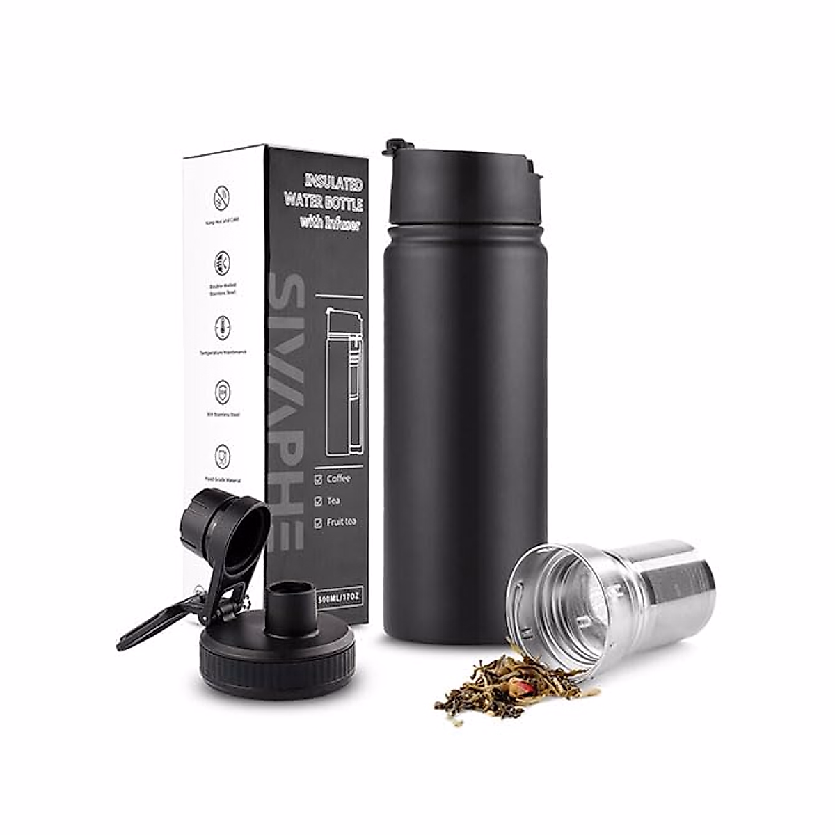 Tea Infuser Bottle With Removable Loose Leaf Tea Strainer 18/8 Stainless Steel Insulated Travel Tea Tumbler Black