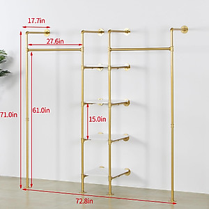 EDCB Industrial Pipe Gold Clothing Rack with Shelves, Retail Display Wall Mounted Storage Clothes Hanging Shelf Gold Pipeline Hanging Rod Steampunk Style, 4 Tier Wood Garment Rack 72.8x71inch