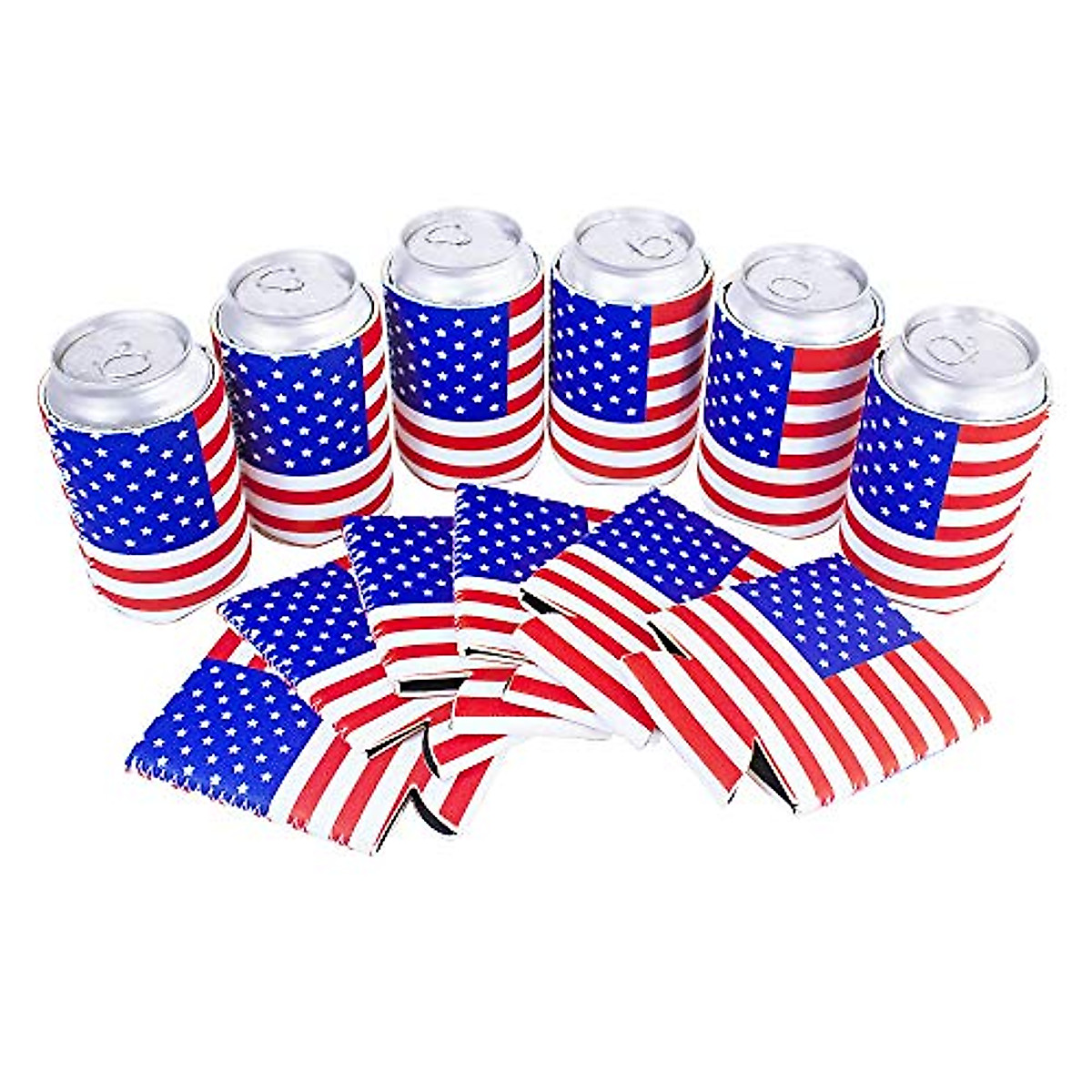 Can Cooler Sleeve 12pcs USA Flag Can Coolers Bulk Patriotic Can Sleeve Neoprene for Can and Bottle 12 oz, Perfect For Veterans Day, and Every Day(USA Flag, 12 Pack)