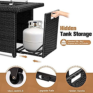 44 in Propane Gas Fire Table Auto-Ignition 50,000BTU， Rectangle Woven Rattan Fire Pit for Outside Patio Garden Deck & Backyard，with Lid and Blue Glass Beads, Glass Wind Guard,CSA Approved(Black)