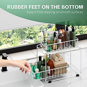 SUFAUY Pull-Out Sliding Drawer, 2 Tier Cabinet Organizer Metal Basket for Countertop Bathroom Storage, Under Kitchen Sink Organizer, Office, Wire Grid, White