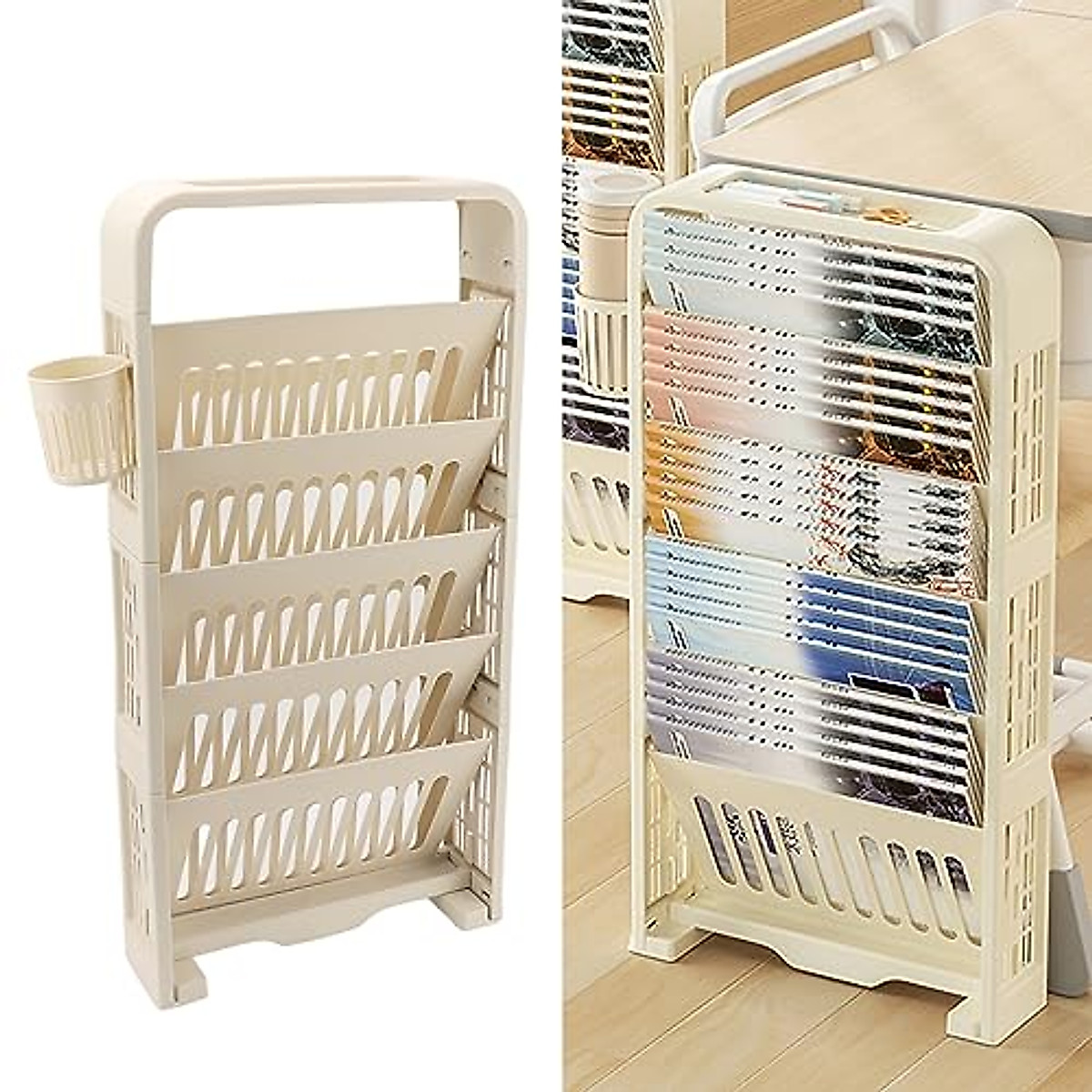 Fabater Movable Bookshelf Cart, 5 Tier Rolling Utility Cart, Mobile Book Cart with Pen Holder, Removable Storage Book Shelves, File Organizer for Home, Office, Kitchen, Classroom (Cream)