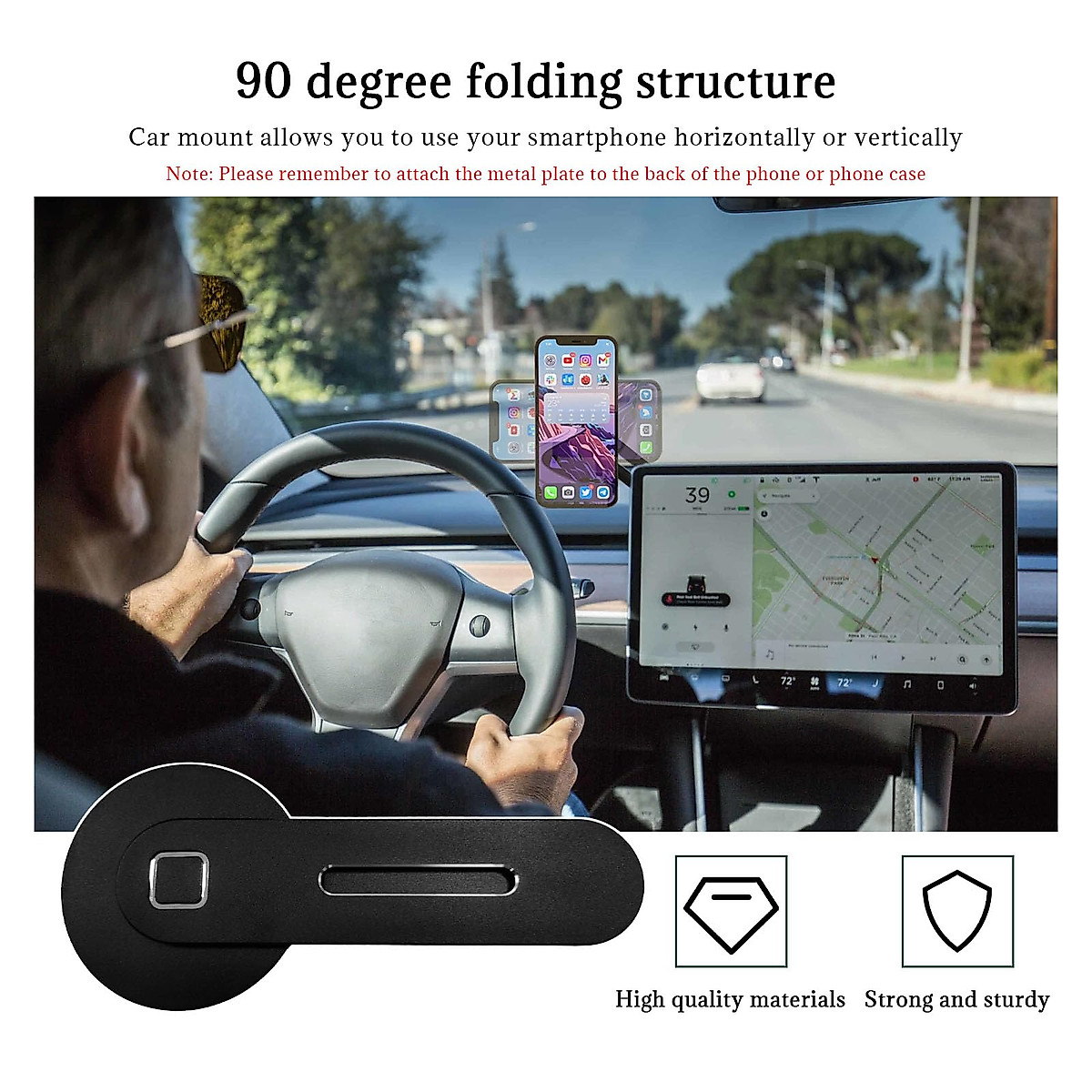 Dickno Car Phone Mount, 90 Degree Rotatable Magnetic Cell Phone Holder with Strong Magnet, Foldable Invisible Smart Phone Mount, Universal Vehicle Interior Accessories for All Phones (Black)