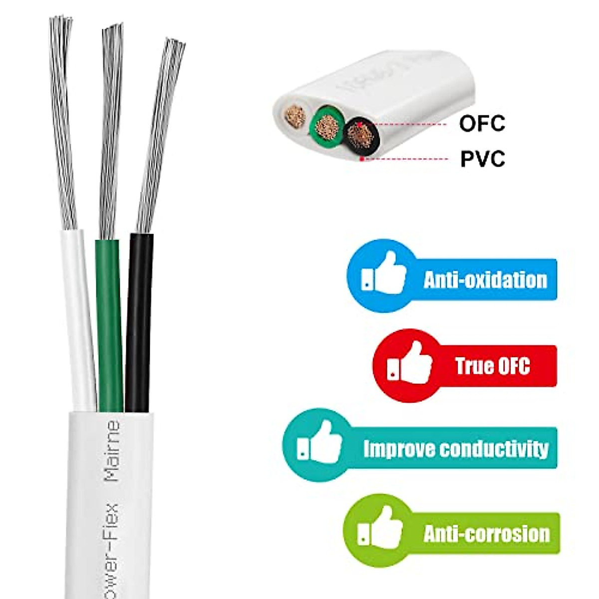 Kimbluth 10 Gauge Triplex Marine Wire Tinned Copper Boat Cable, 30ft 10 AWG Standard USA OFC Oxygen Free Copper Wire for Automotive Boat Speakers Solar Outdoors