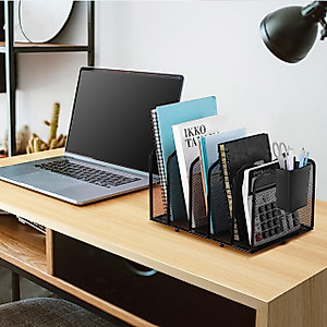 Ekisemio 2 Pack-Mesh Desktop File Organizer Sorter, 5-Section Bookshelf with Pen Holder for Desk Office, Black