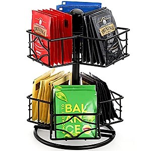 Frcctre Tea Bag Organizer, 360 Degree Tea Bag Spining Carousel Organizer with 6 Compartments, Lazy Susan Sugar Coffee Creamer Caddy for Kitchen Counter Cabinet Organizer, Up to 60 Tea Bags Storage