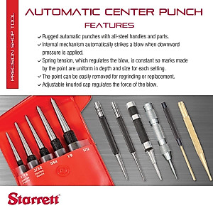 Starrett Steel Automatic Center Punch with Adjustable Stroke - 5" (125mm) Length, 9/16" (14mm) Punch Diameter, Lightweight, Knurled Steel Handle - 18A