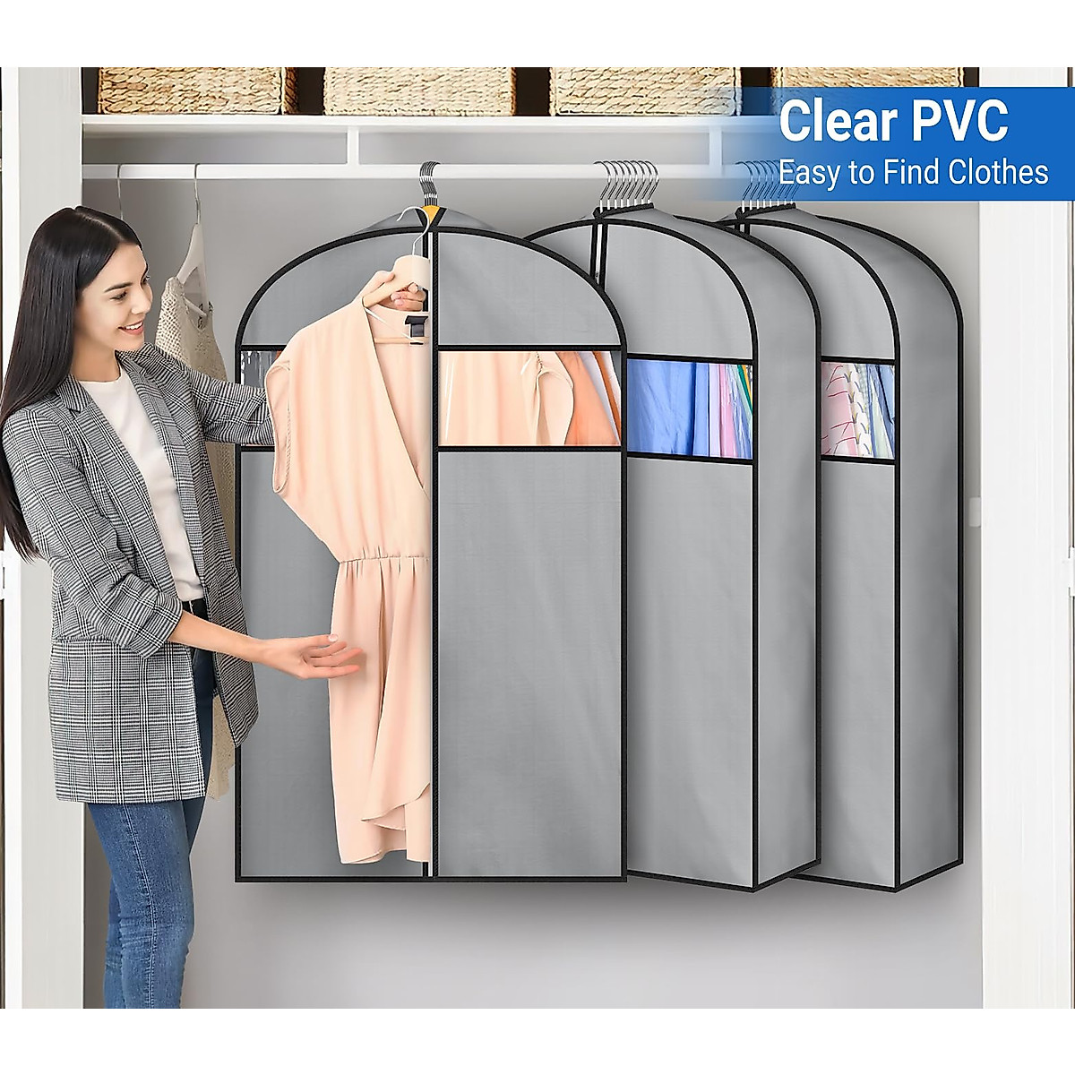 KIMBORA 6" Gusseted Garment Bags for Hanging Clothes, 40" Suit Bags for Closet Storage and Travel, Garment Covers With Clear Windows for Clothing, Coats, Jackets, Shirts (Grey, 3 Packs)
