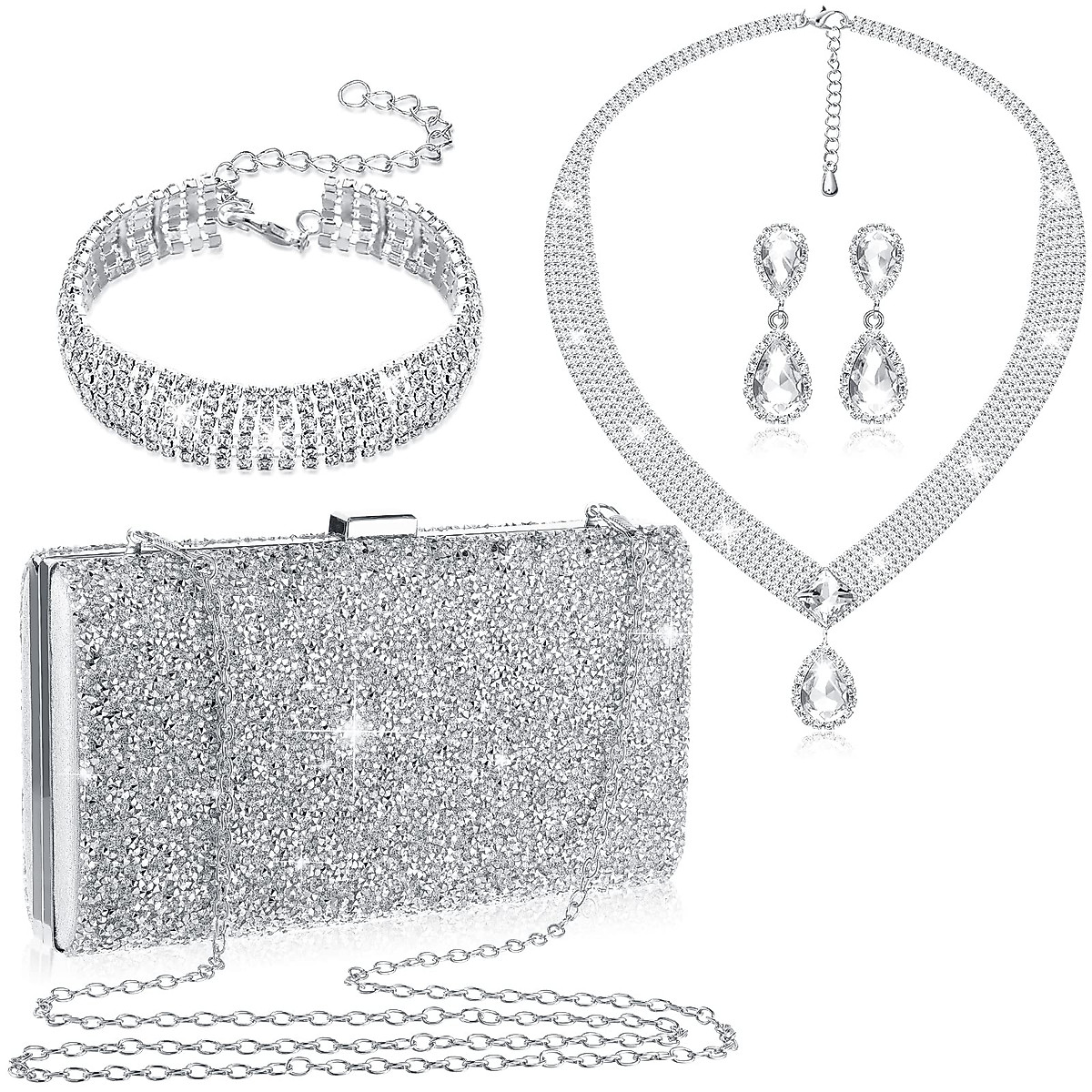 4 Pieces Clutch Purses Bag for Women Evening Rhinestone Jewelry Set Bling Necklace Earrings Bracelets Set for Wedding (Fresh Style)